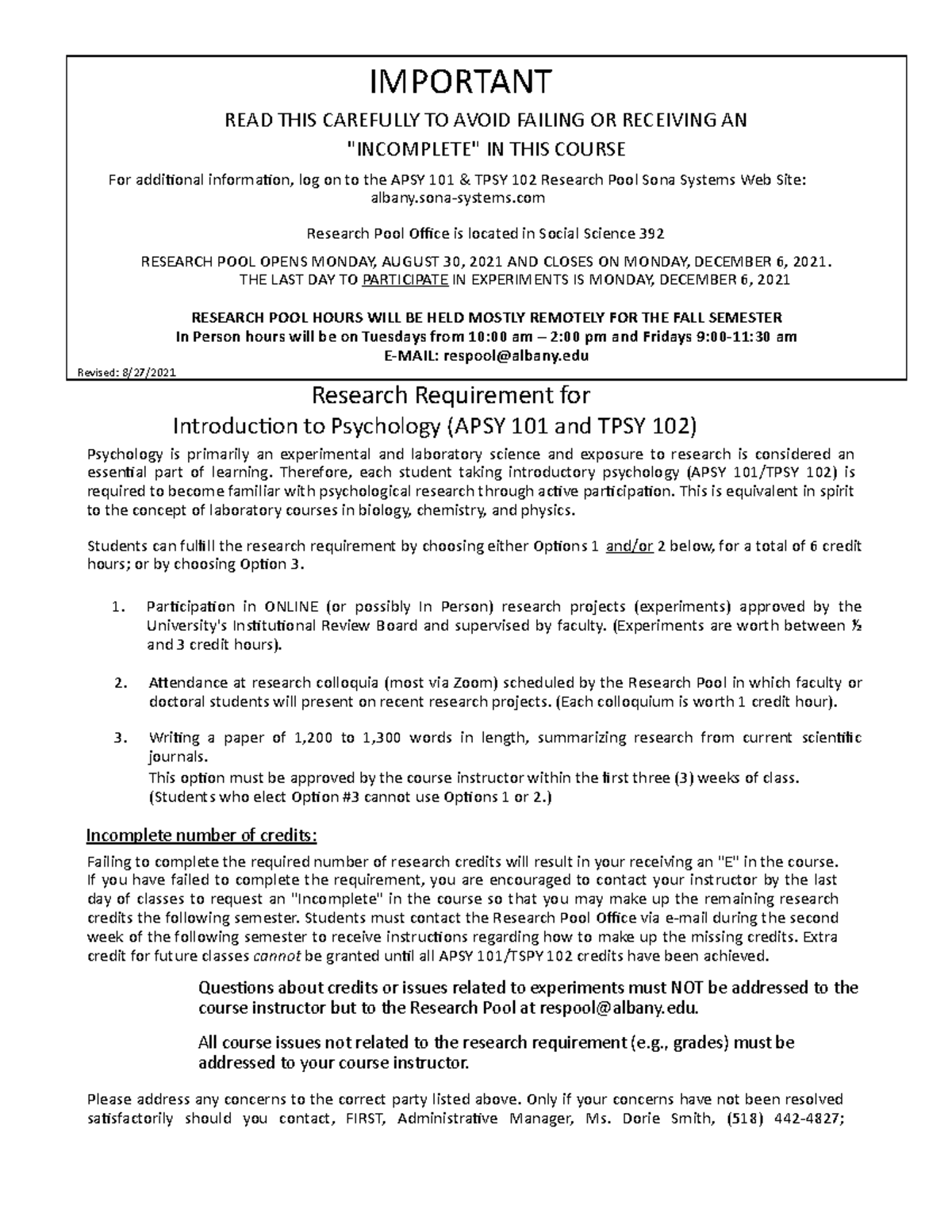 APSY 101/TPSY 102 Research Participation Guidelines and Requirements ...