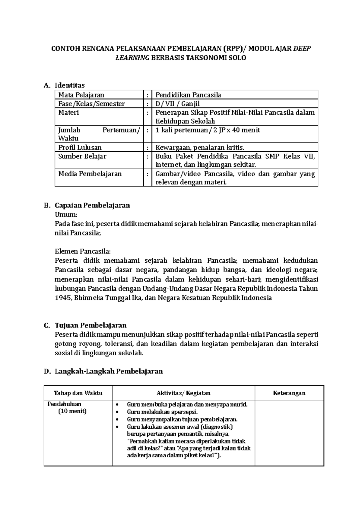 Contoh RPP Pendidikan Pancasila: Deep Learning & Taksonomi SOLO - Studocu