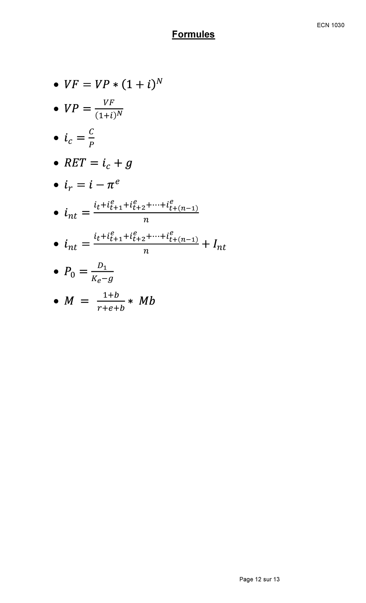 Formules - formule à l'examen - ECN1030 - ECN 1030 Formules VF = =VP*(1 ...