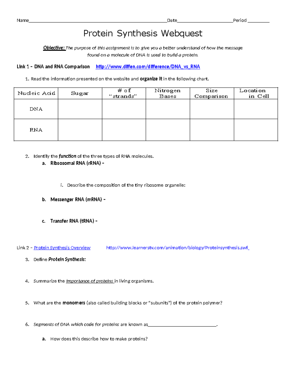 Protein Synthesis Webquest (BIOL 101: Final Exam Study Guide) - Studocu