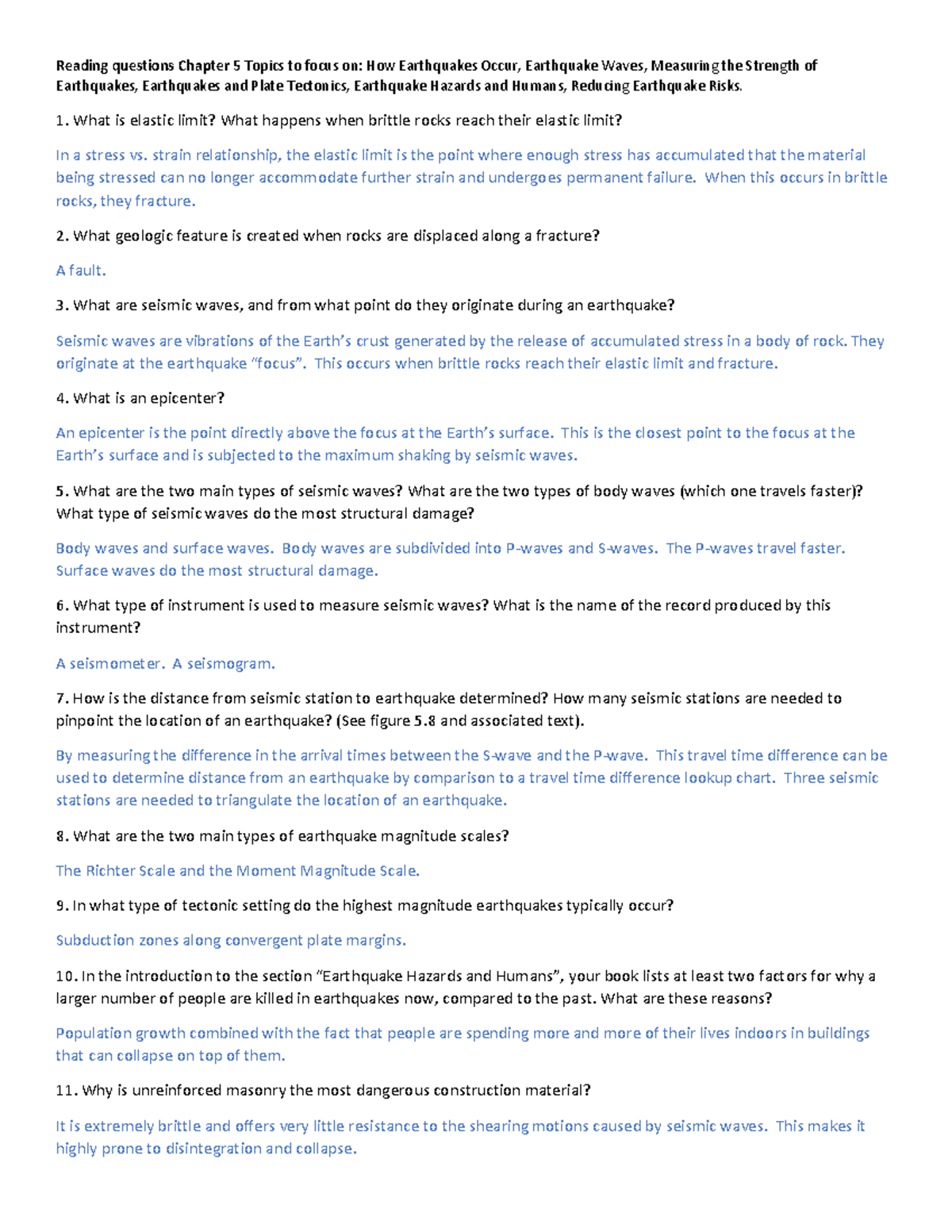 Reading Questions for Chapter 5: Earthquakes and Their Hazards ...