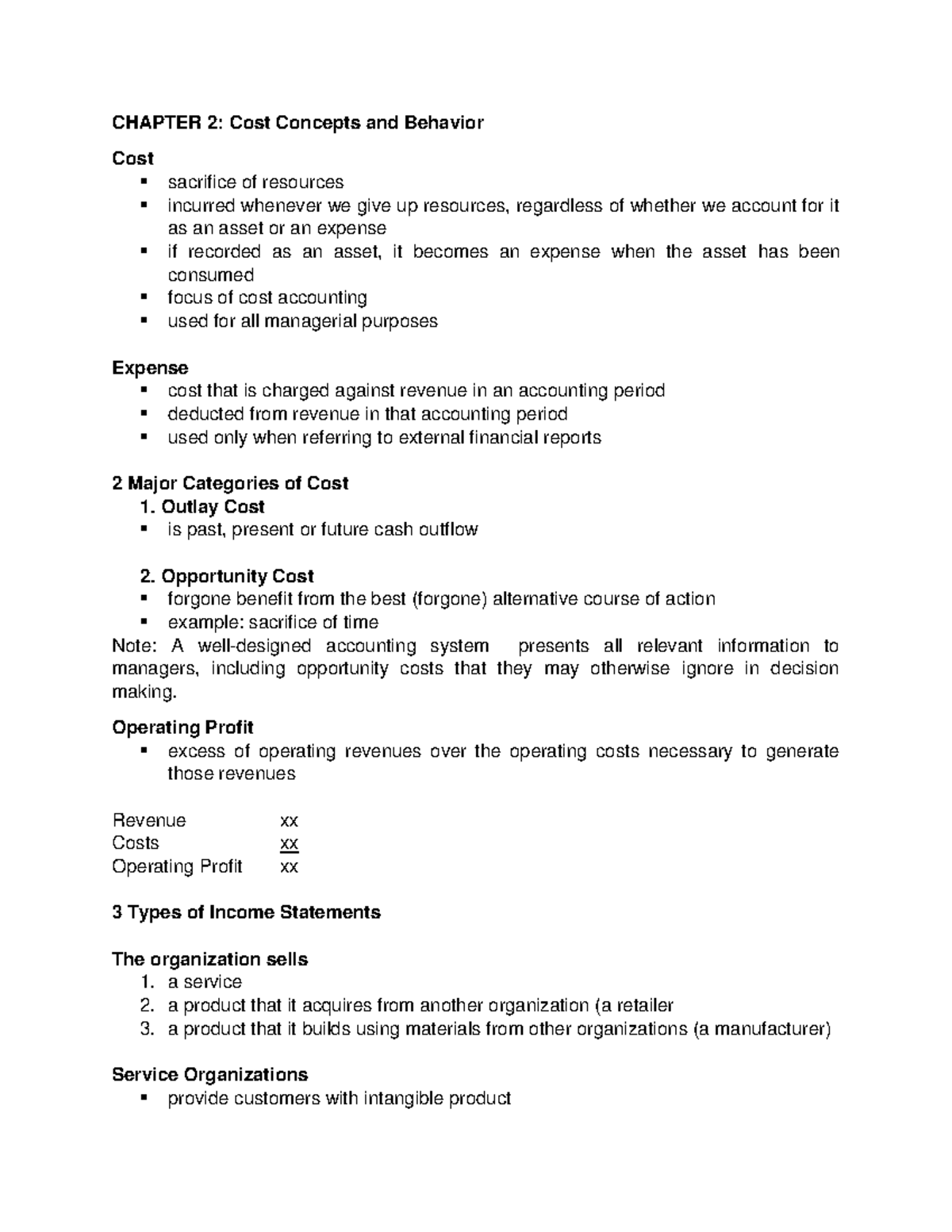 Cost Accounting Chapter 2 Notes: Cost Concepts & Behavior - Studocu