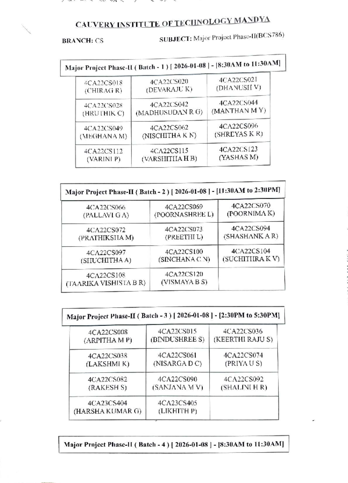 Major Project Phase 2 Batch List - 4CA22CS Series - Studocu