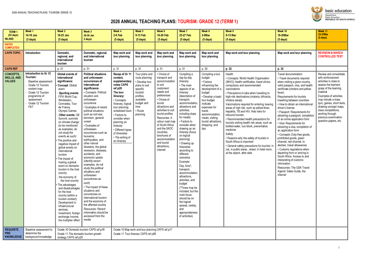 2026 GRADE 12 TOURISM ANNUAL TEACHING PLAN (TERM 1) - Studocu