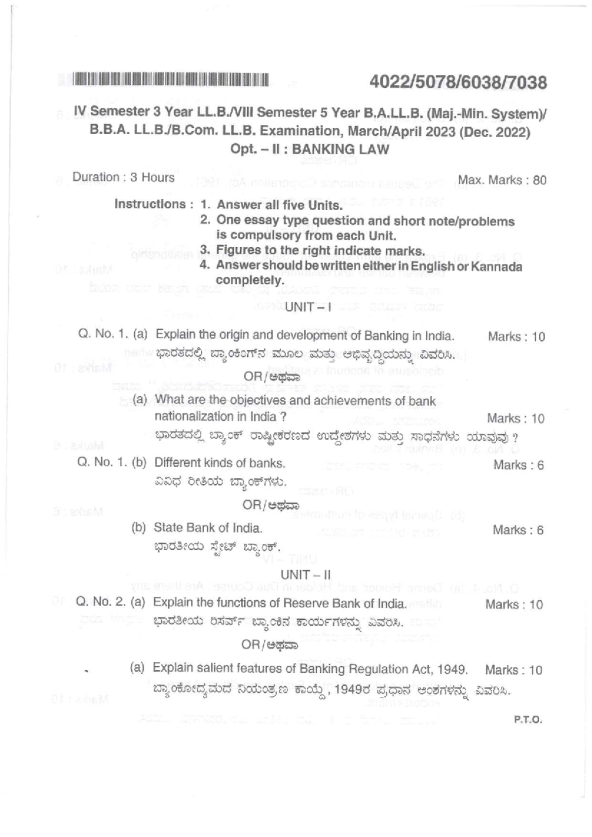 IV Semester B.A.LL.B. Opt. II: Banking Law Exam Paper 2023 - Studocu