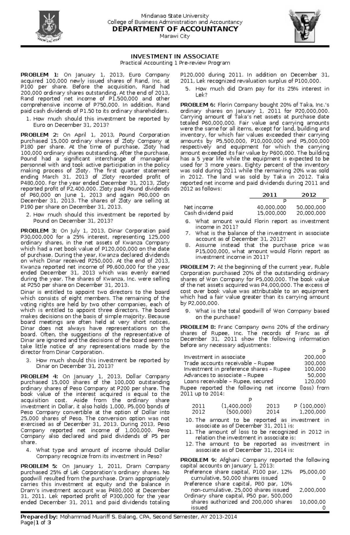 12 - Investment in Associate: Problems & Solutions in Fin. Accounting ...
