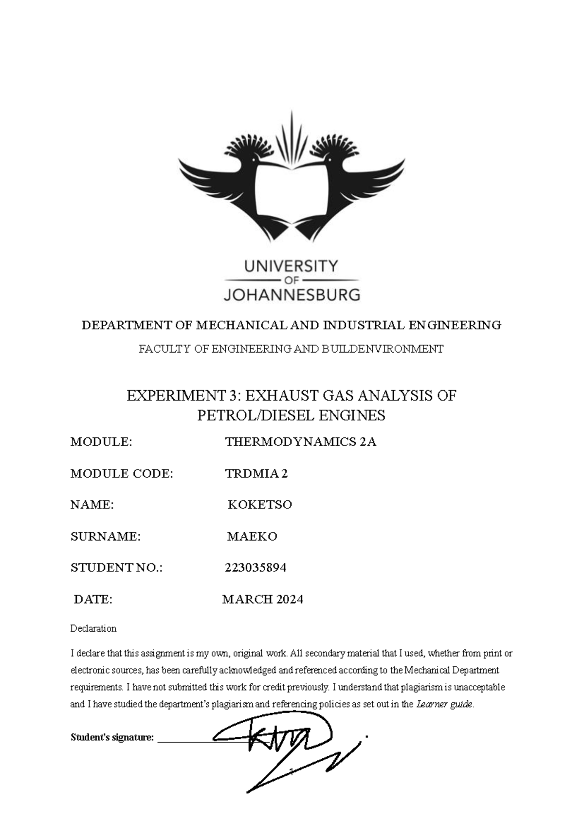 Exhaust gas analysis experiment report for TRDMIA 2 - Studocu