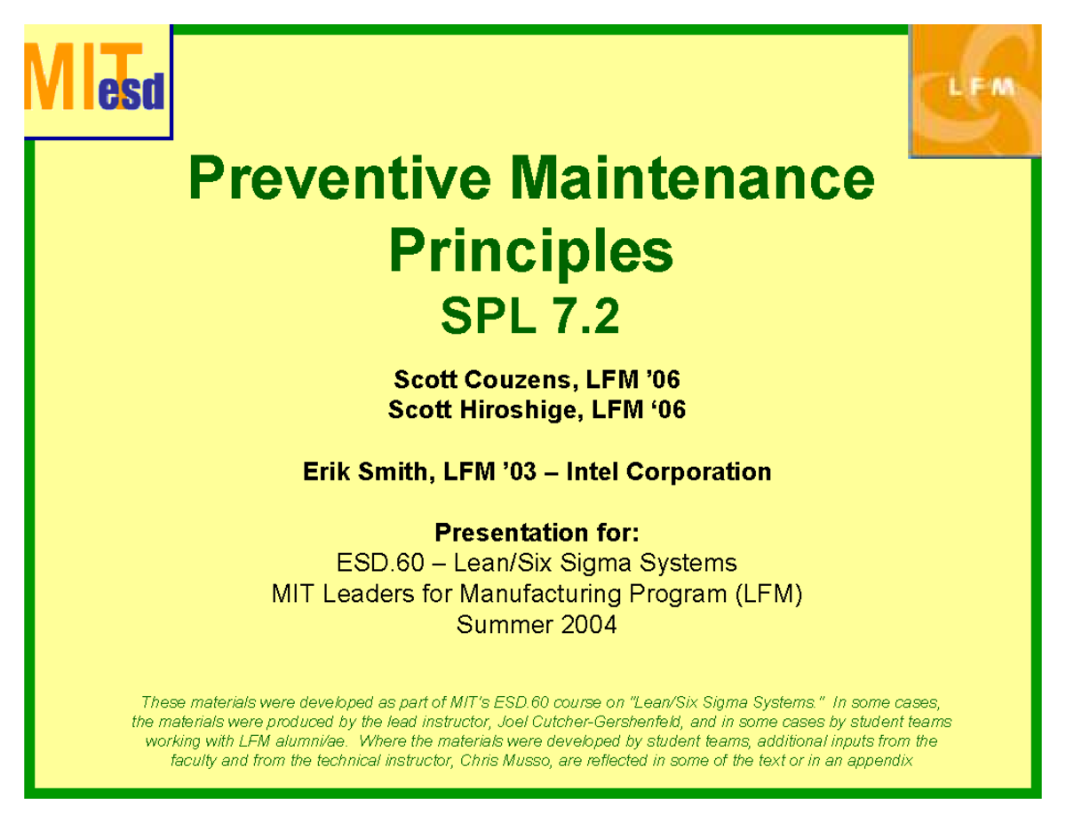 Preventive Maintenance Principles ESD.60 Sigma Systems, LFM MIT - Studocu