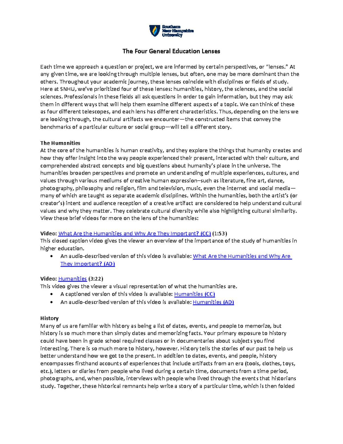 Four General Education Lenses: Humanities, History, Sciences, & Social ...