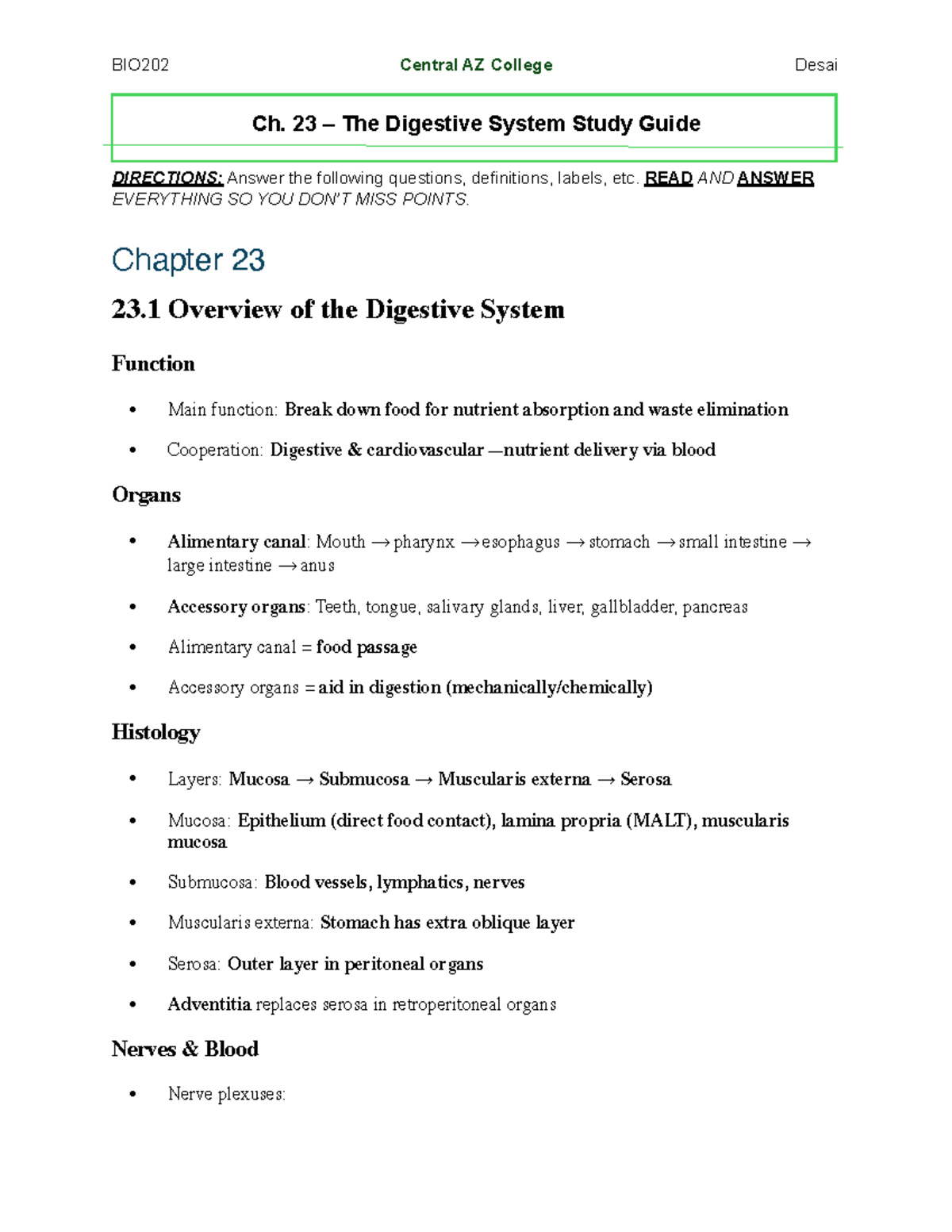 BIO202-Ch. 23 - The Digestive System (SG) - Ch. 23 – The Digestive ...