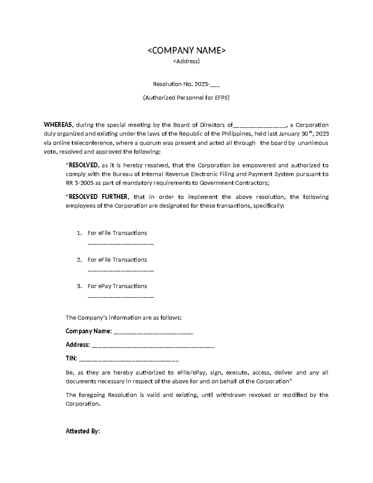 OPC Board Resolution for EFPS Authorization - Studocu