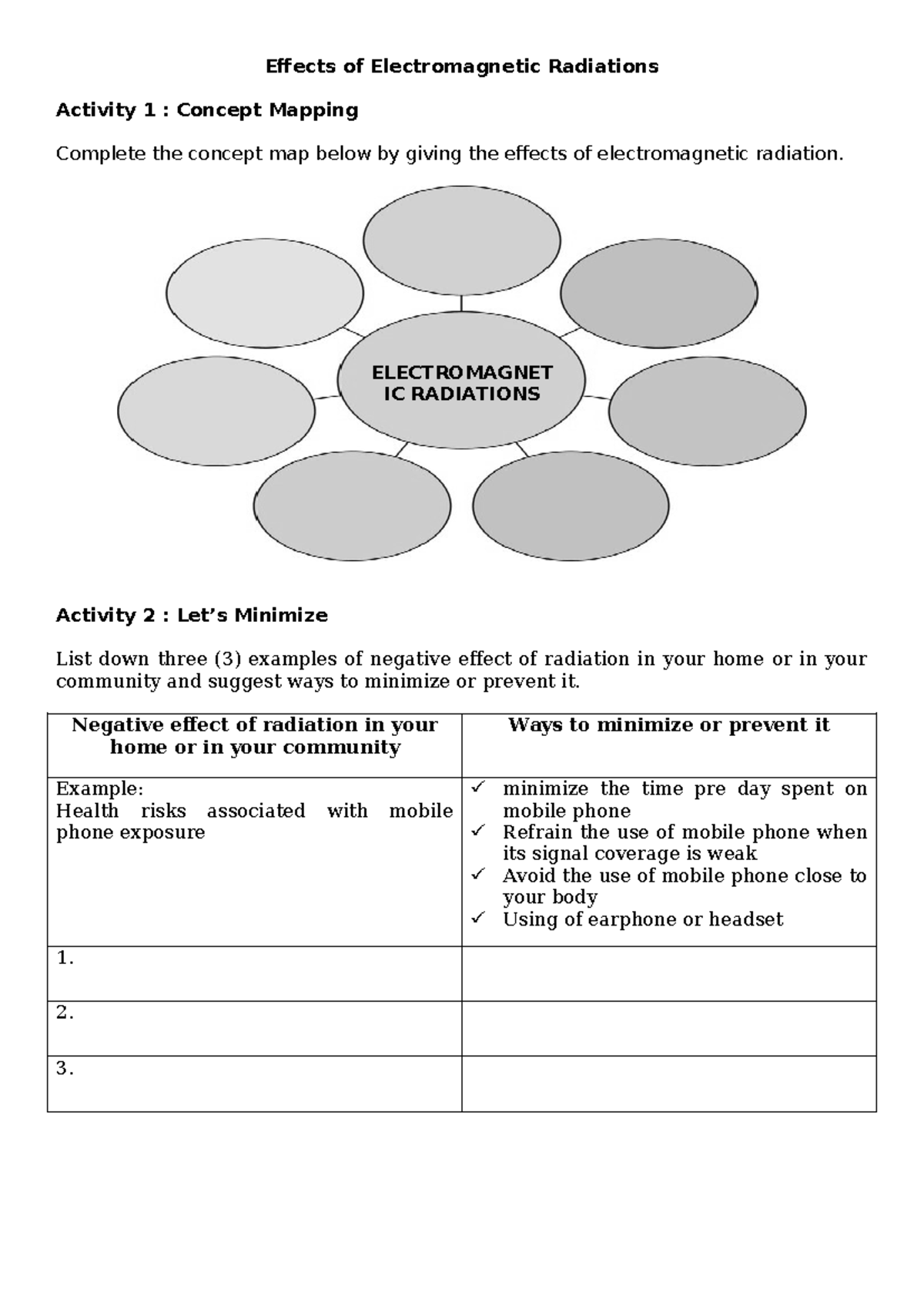 Effects of Electromagnetic Radiations Worksheet: Concept Mapping ...