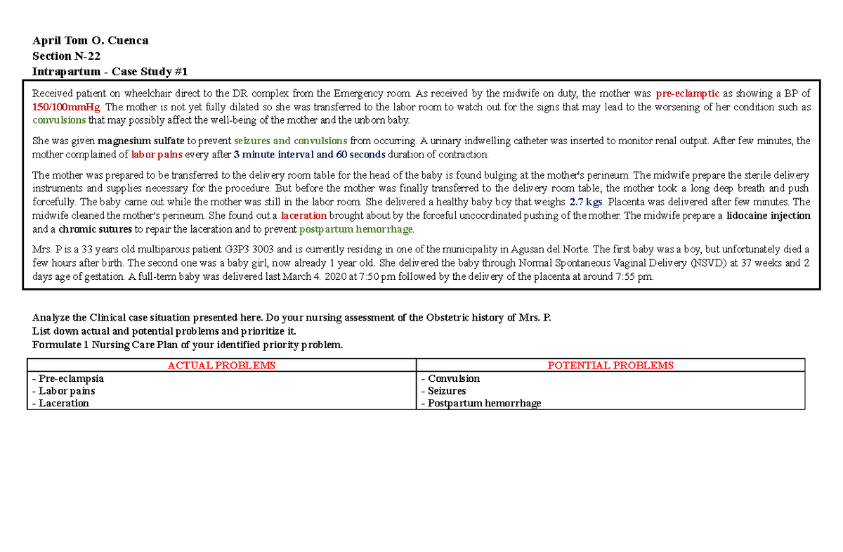 NCP Case Study #1: Intrapartum Care & Nursing Diagnosis for Pre ...