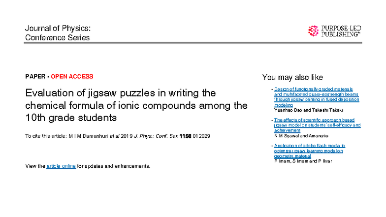 Evaluation of Jigsaw Puzzles in Teaching Ionic Compounds (Damanhuri ...