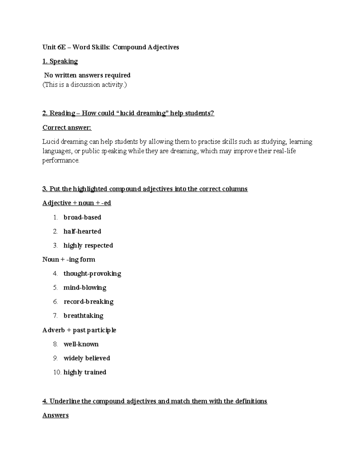Unit 6E Word Skills: Understanding Compound Adjectives - Studocu