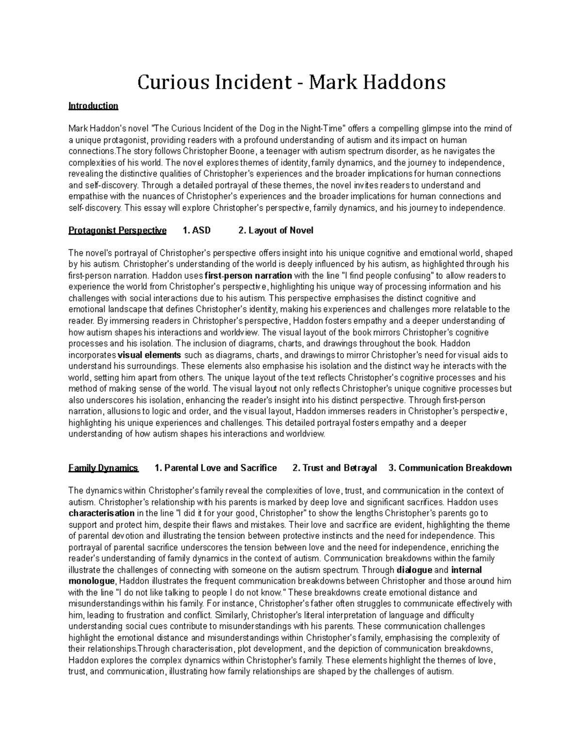 Curious Incident of the Dog in the Night-Time - Mod B Essay Draft - Studocu