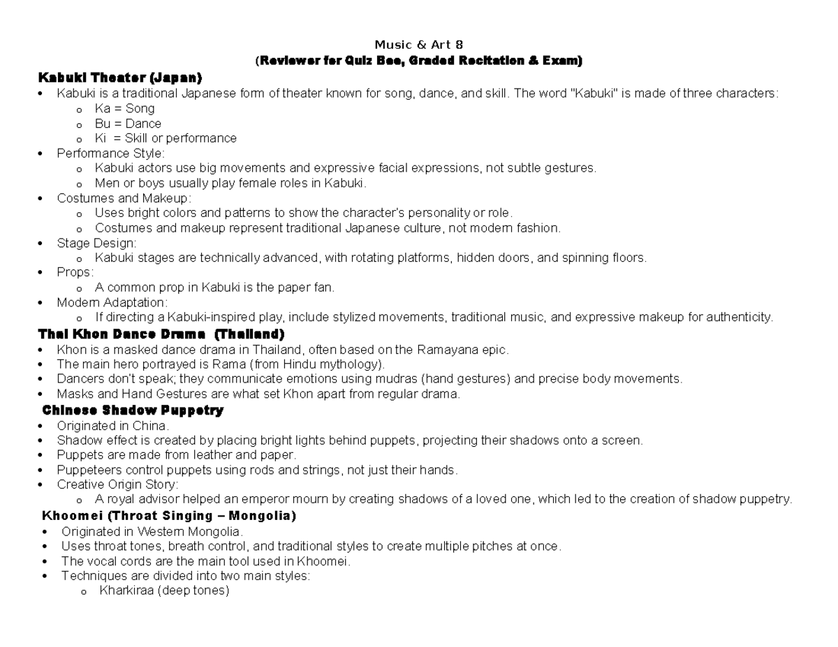 TLE 9 Reviewer: Kabuki, Khon, and Khoomei Theater Insights - Studocu