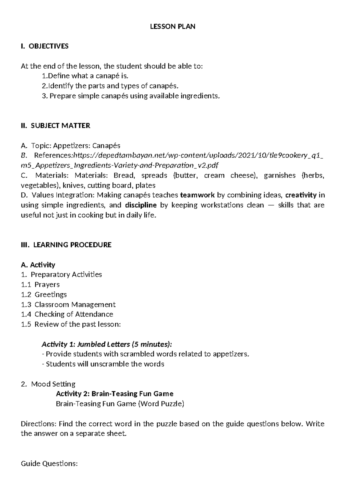 Lesson Plan: Appetizers & Canapés - BTLE - Studocu