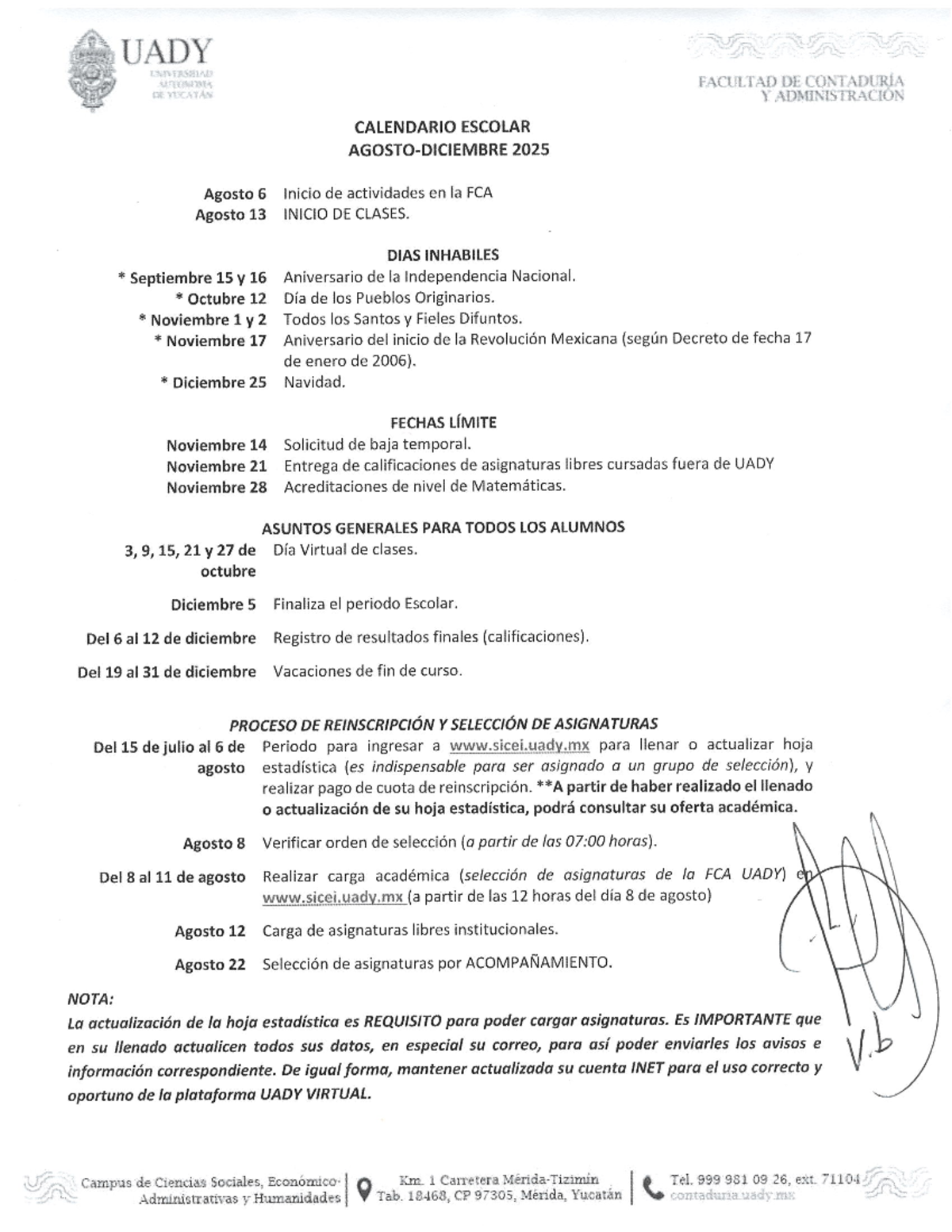 Calendario Escolar UADY FCA 2025: Fechas Clave y Actividades - Studocu