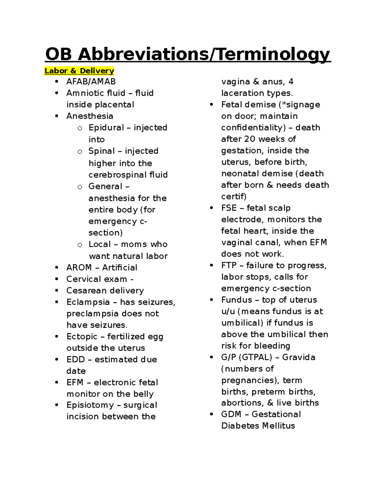 OB Abbreviations and Terminology: Key Terms for Labor & Delivery - Studocu