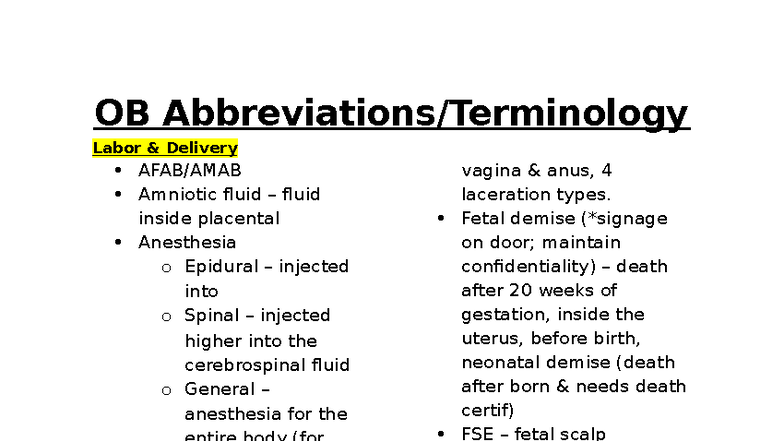 OB Abbreviations and Terminology: Key Terms for Labor & Delivery - Studocu