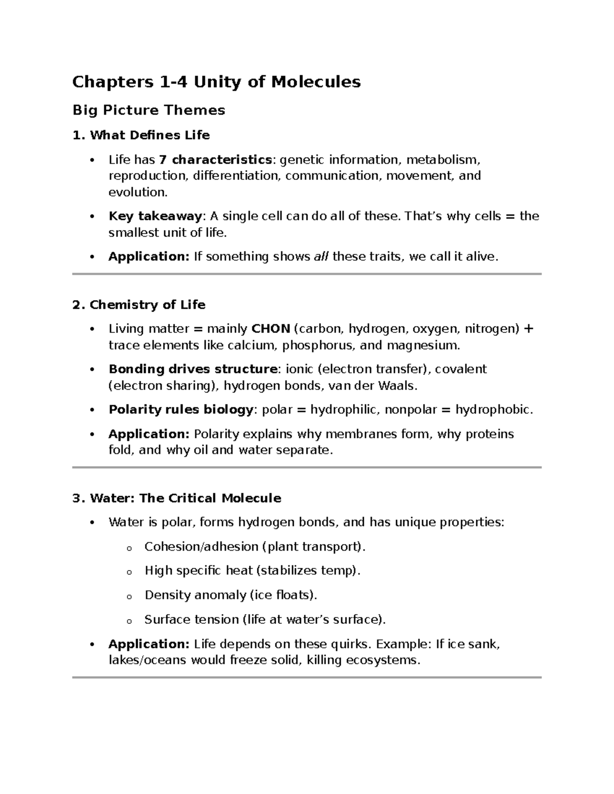 Chapters 1-4: Exam 1 Notes on Life, Chemistry, and Molecules - Studocu