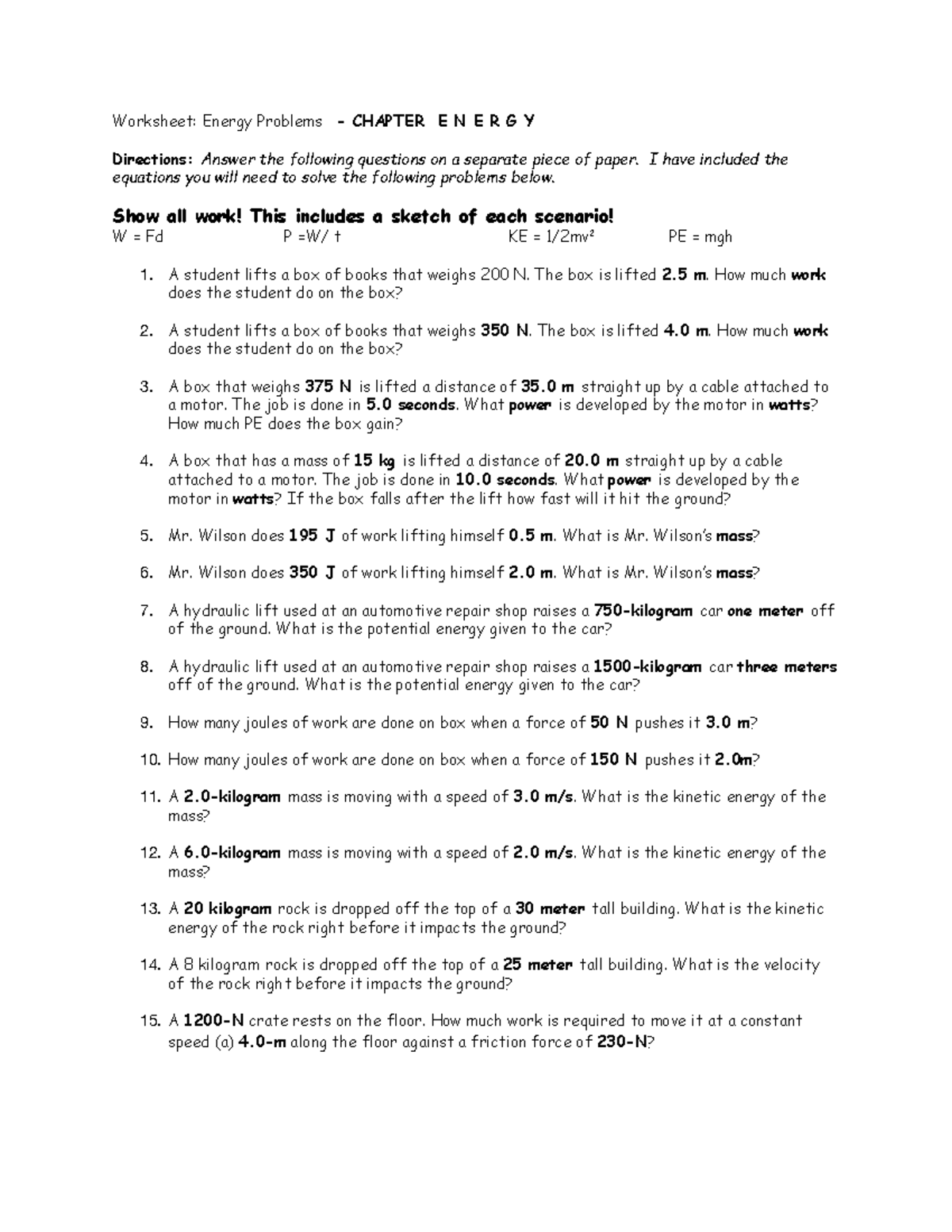 Worksheet: Work and Energy Problems - CHAPTER E N E R G Y - Studocu