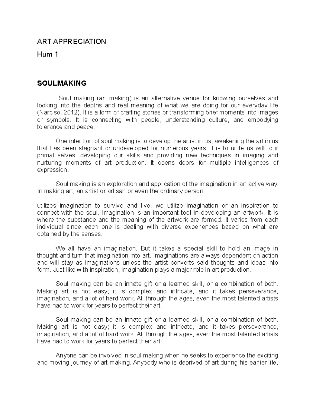 Art Appreciation HUM 1 - Exploring Soulmaking in Art Creation - Studocu