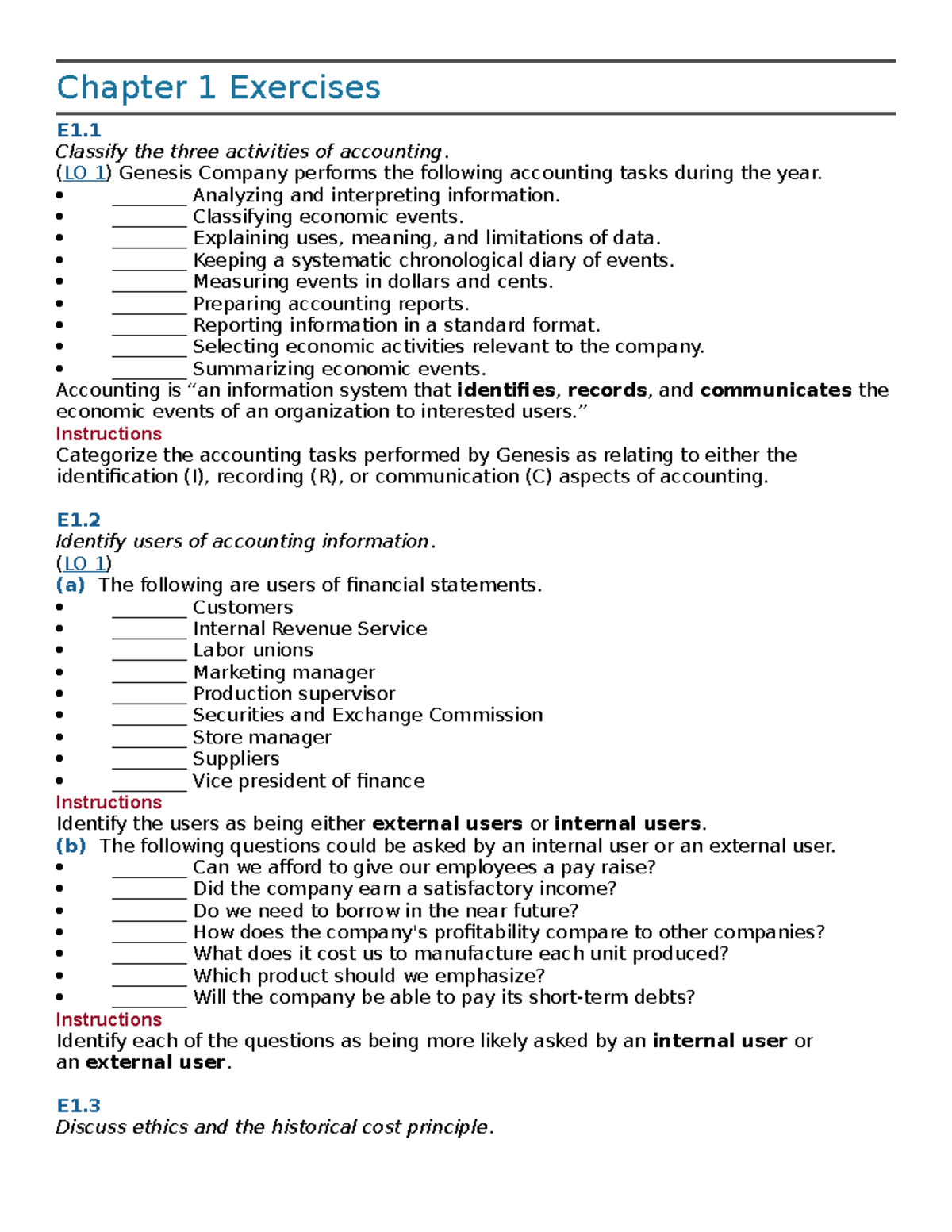 Chapter 1 Exercises - Accounting (LO 1-5) Analysis and Application ...