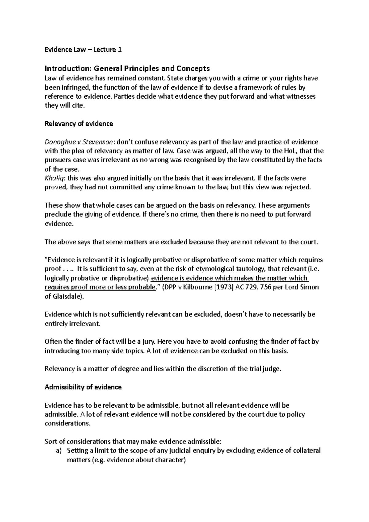 Evidence - Lecture notes All lectures - Evidence Law – Lecture 1 ...
