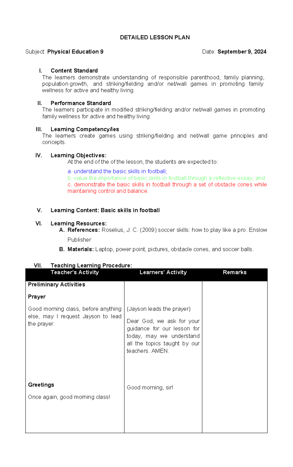 PE 9 Detailed Lesson Plan: Basic Skills in Football - Studocu
