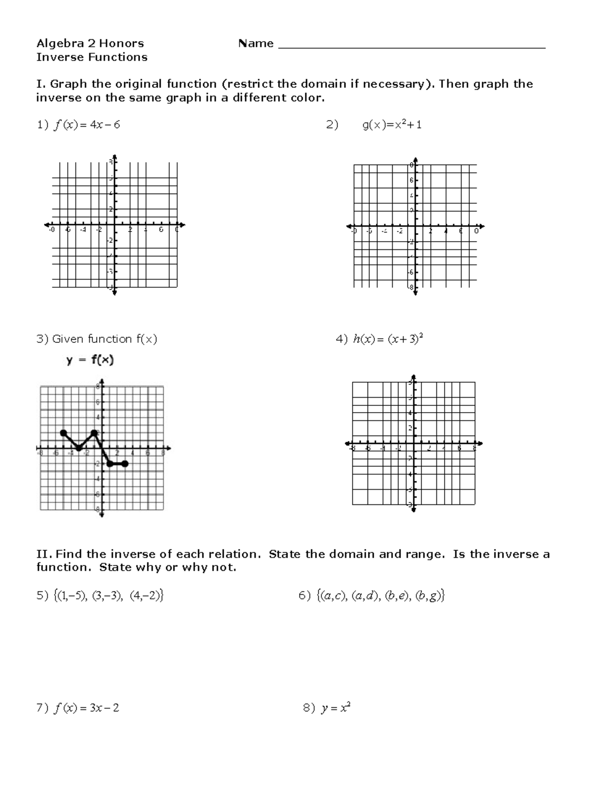 Algebra 2 HNRS: Inverses of Functions Worksheet Guide - Studocu
