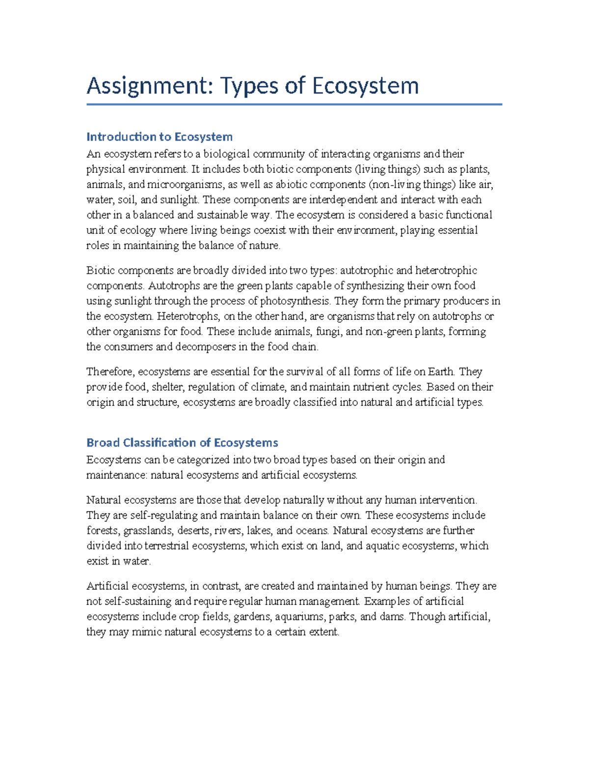 Types of Ecosystem Assignment: Understanding Natural & Artificial Ecosystems - Studocu