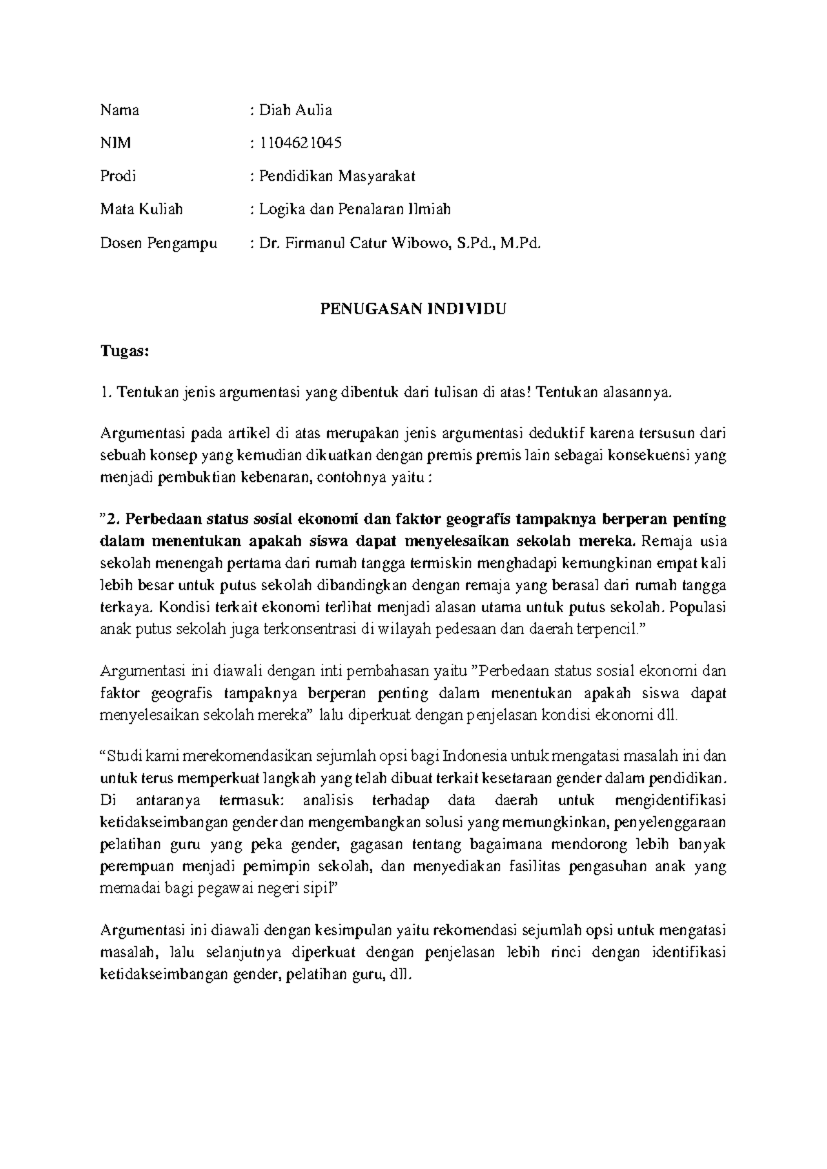 Tugas LPI 6 - Jenis Argum. dan Evaluasi Artikel Pendidikan - Studocu