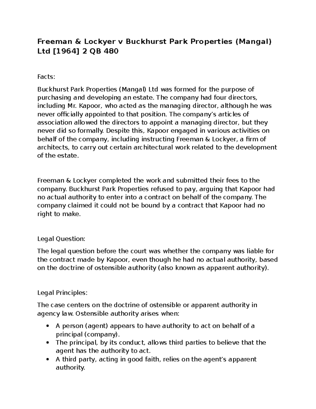 Freeman & Lockyer v Buckhurst Park Properties [1964] - Agency Law Case ...