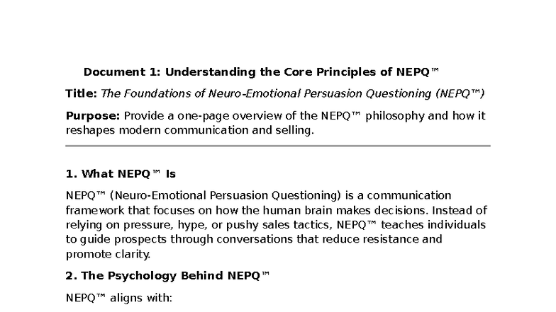 NEPQ 101: Foundations of Persuasion and Communication Principles - Studocu