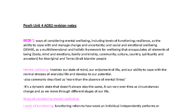 Psych Unit 4 AOS2 Revision Notes: Mental Wellbeing & Resilience - Studocu