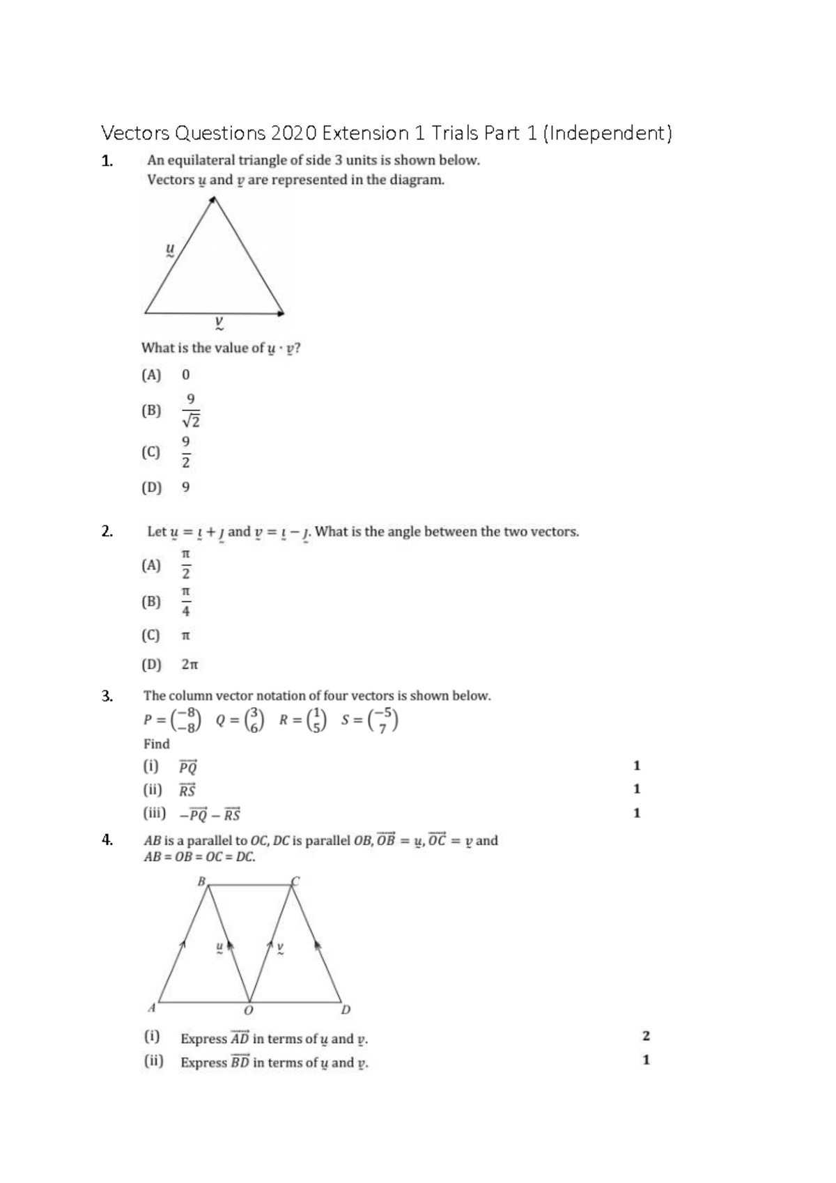 Vectors Questions - 2020 Ext 1 Trials Part 1 - Studocu