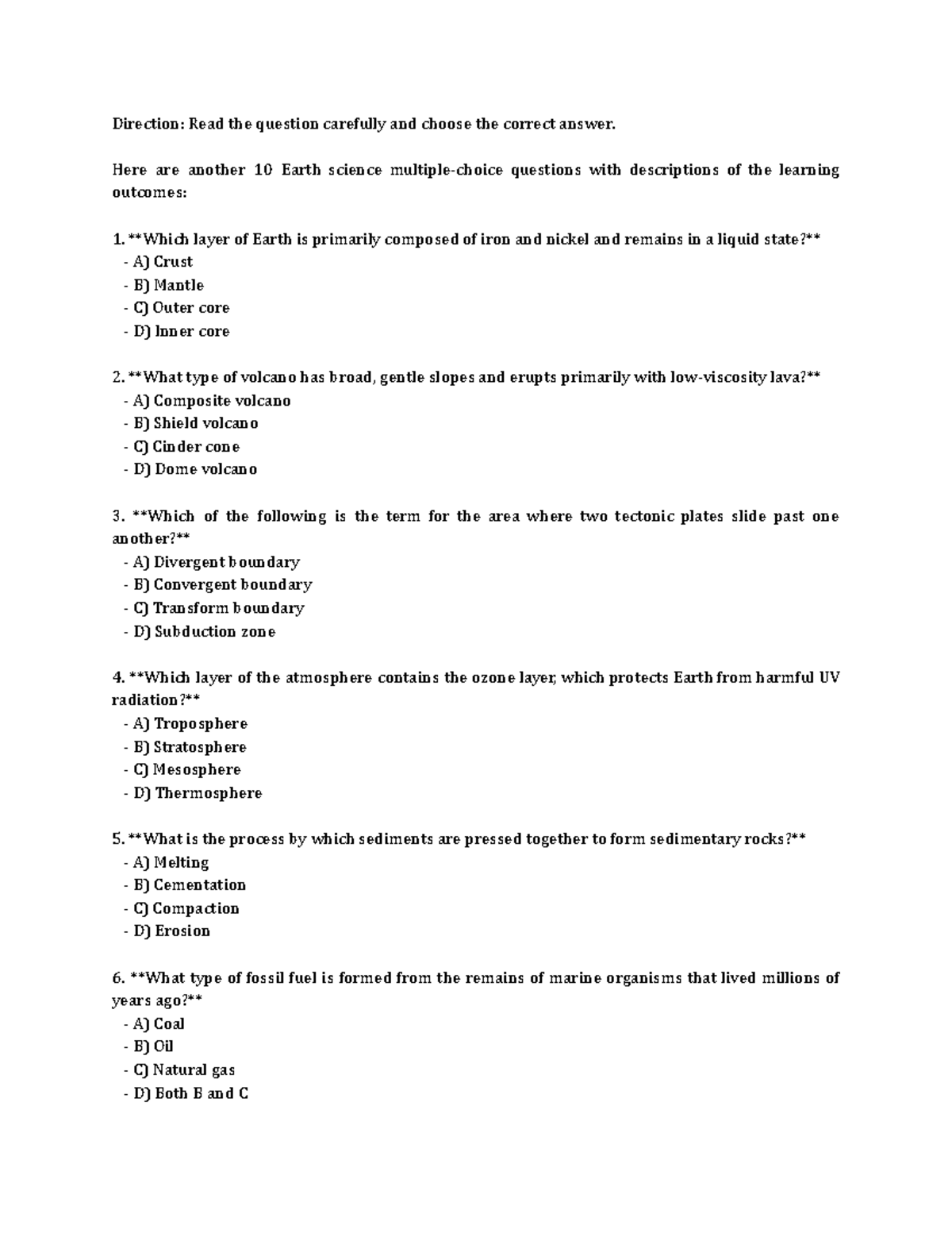 EE22 - Earth Science Quiz: Key Concepts and Learning Outcomes - Studocu
