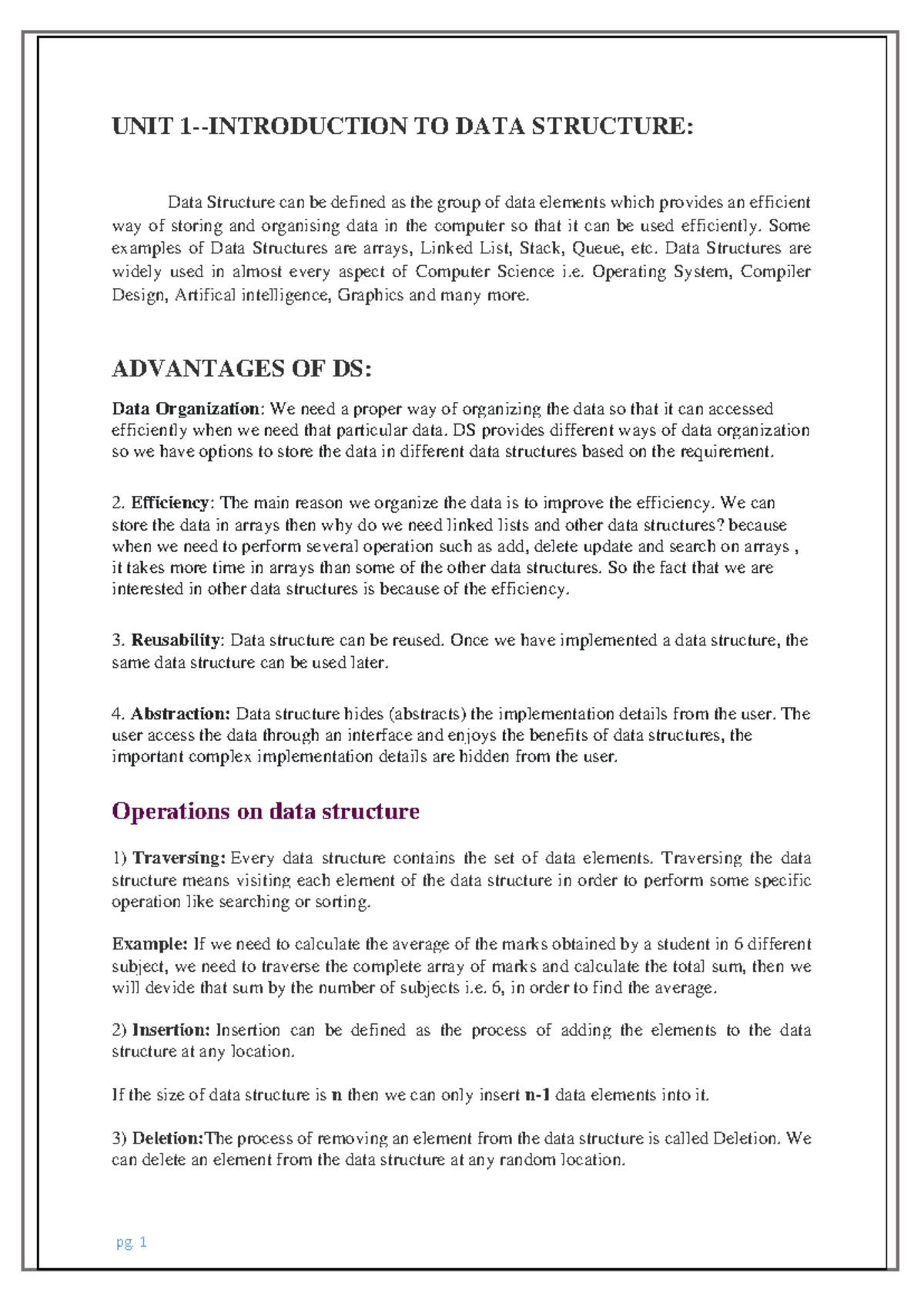 UNIT 1, 2, 3 - Bxbxbxbx - UNIT 1-INTRODUCTION TO DATA STRUCTURE: Data ...