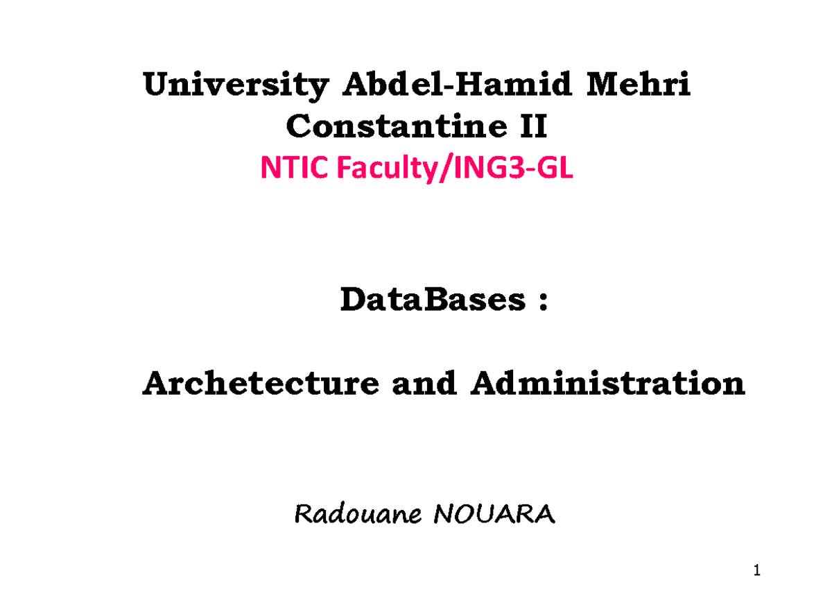 NTIC 01 BDD ING3: Introduction to Oracle DB Architecture & Admin - Studocu