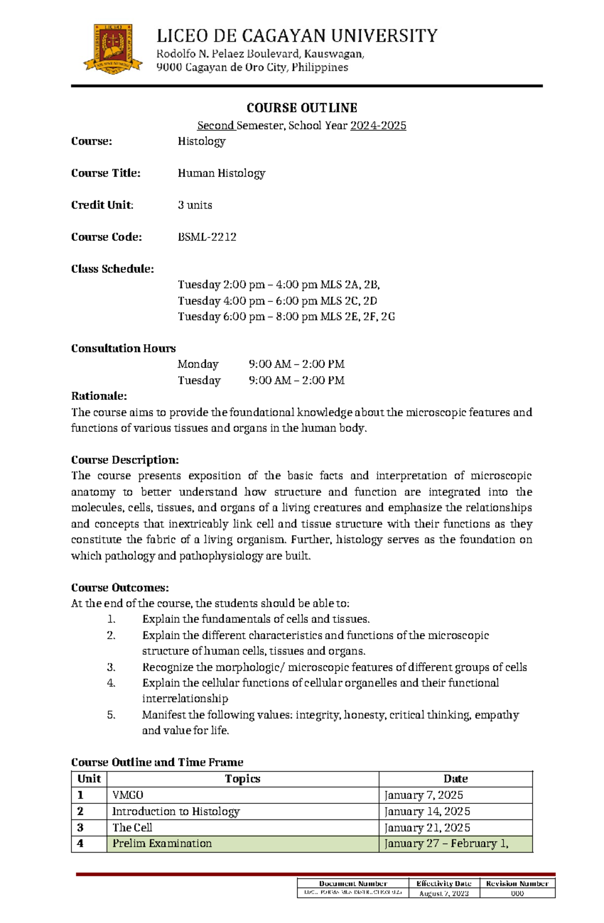 Human Histology Course Outline - BSML-2024 - Studocu