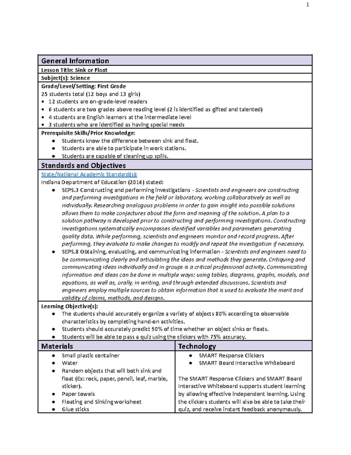 Sink or Float Lesson Plan - General Information Lesson Title: Sink or ...