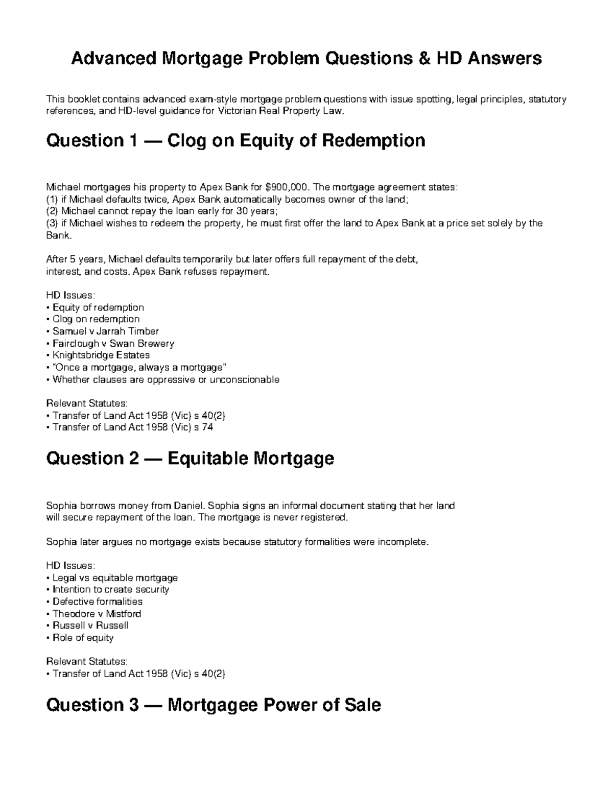 Advanced Mortgage Problem Questions HD: Legal Principles & Issues - Studocu