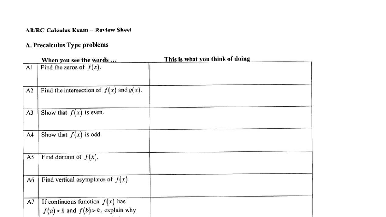 Calculus BC Daily Warm-Up Questions Review Sheet - Studocu