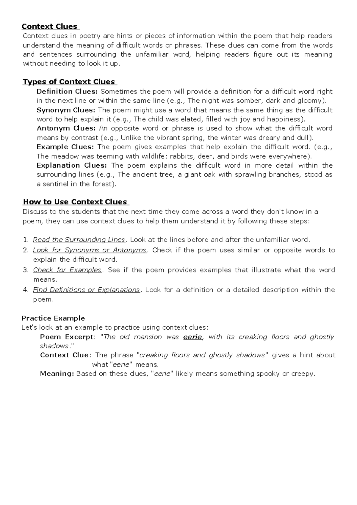 Context Clue Analysis - Understanding Poetry's Language - Studocu