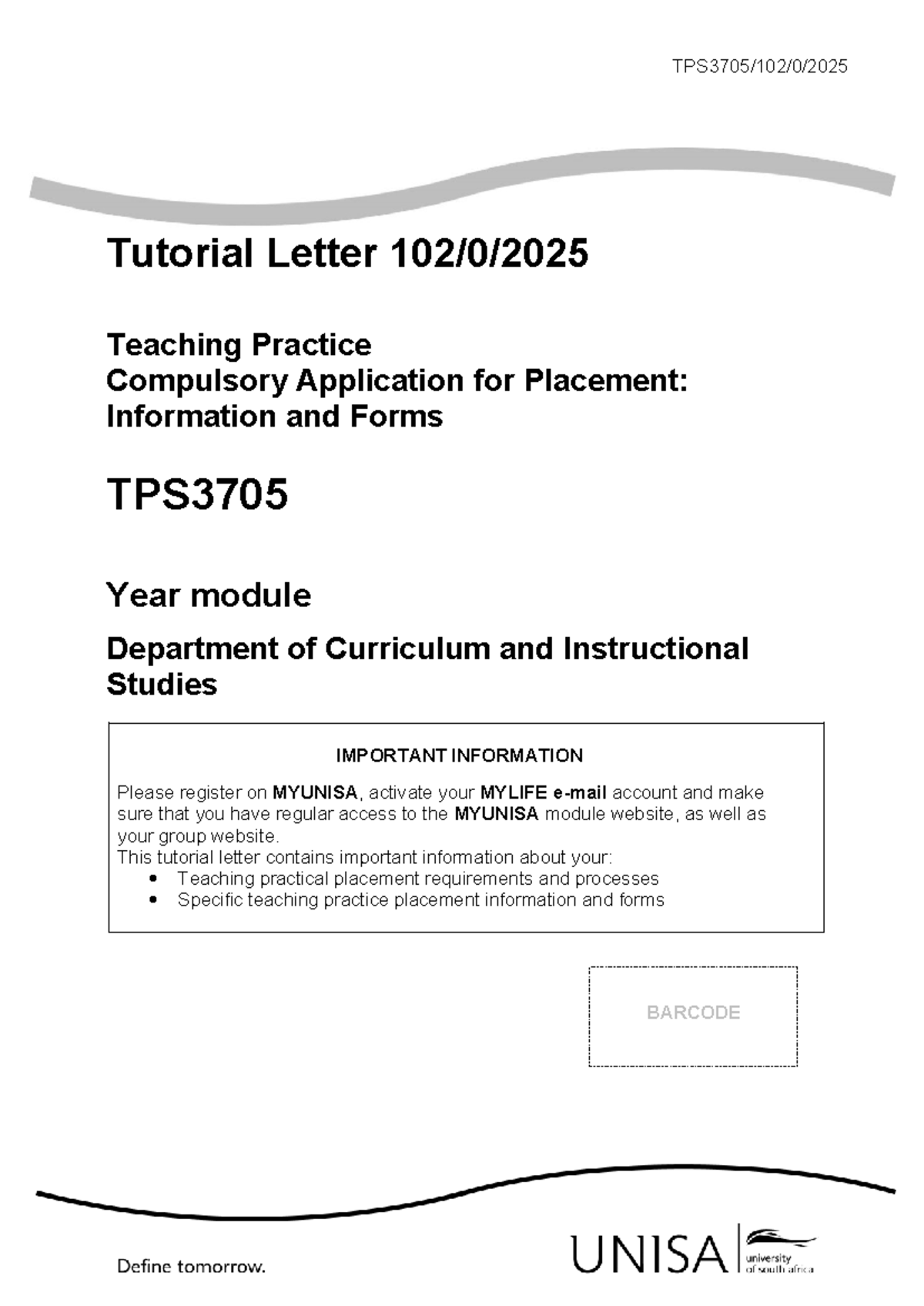 Teaching Practice Placement Guide: TPS3705 Tutorial Letter - Studocu