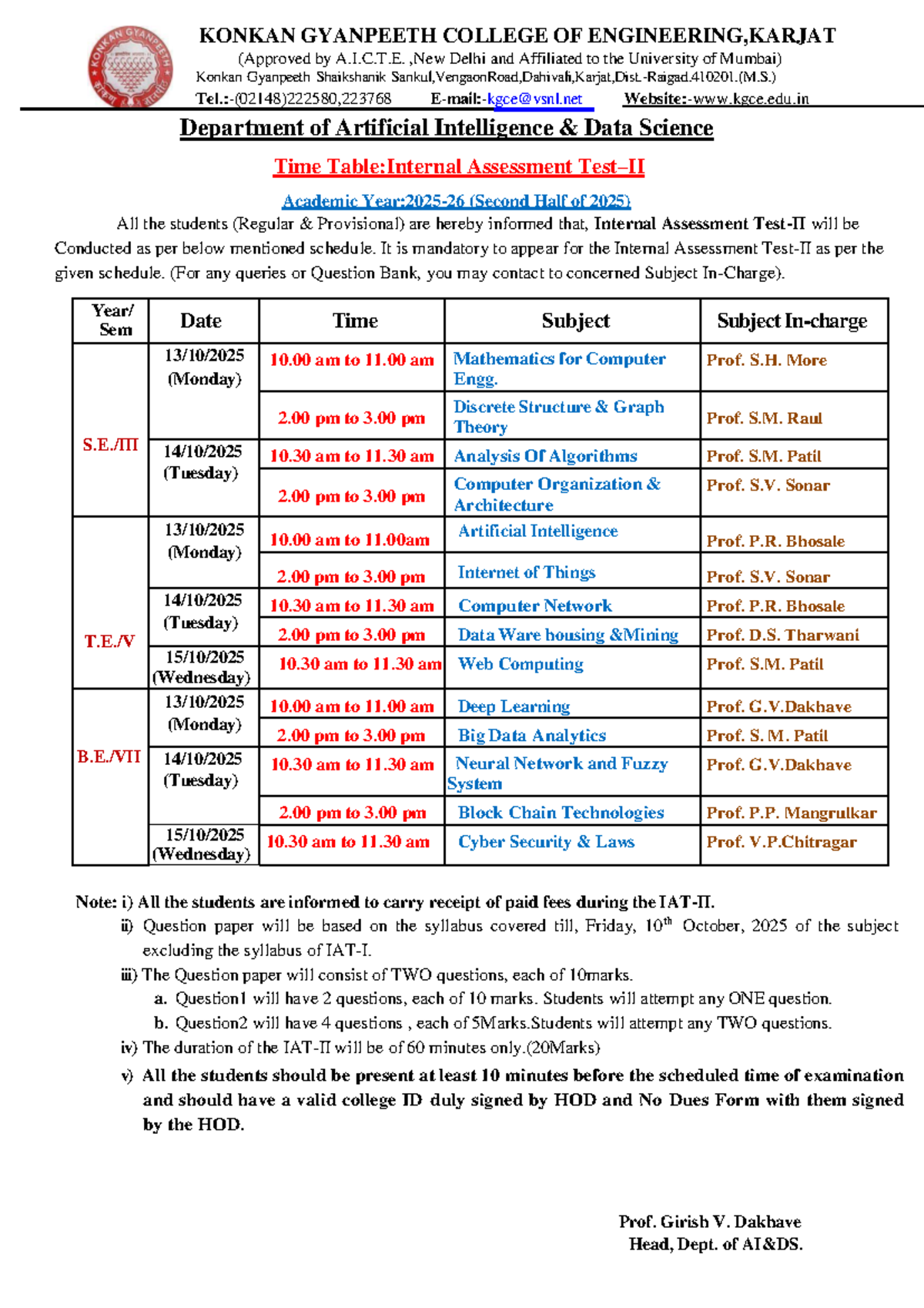 IAT-II Time Table for Internal Assessment - AI & Data Science (2025 ...