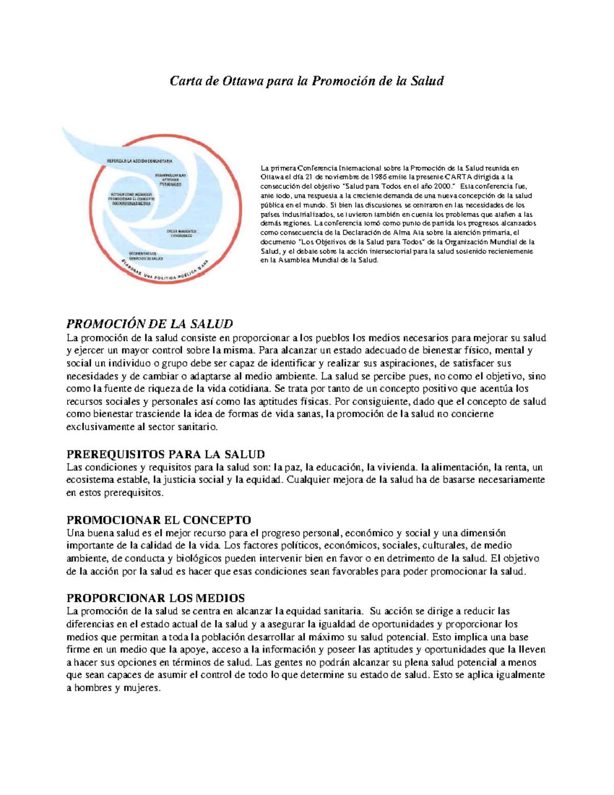 Carta de Ottawa para la Promoción de la Salud - CAS - Studocu