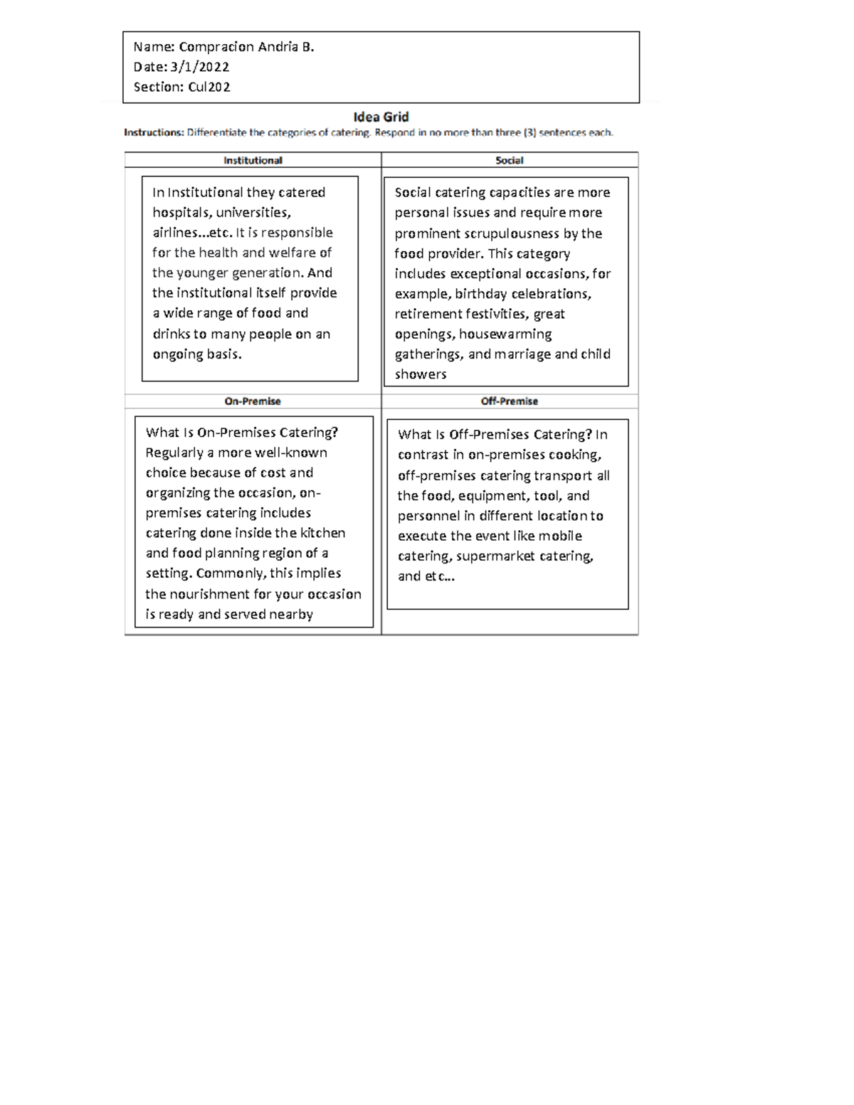 Cul 101: Comparison of On-Premise vs. Off-Premise Catering - Studocu